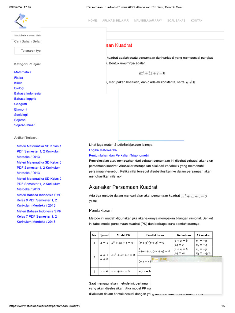 Persamaan Kuadrat - Rumus ABC, Akar-Akar, PK Baru, Contoh Soal | PDF
