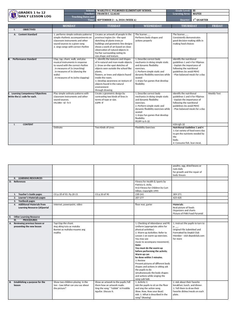DLL - Mapeh 3 - Q1 - W6 | PDF