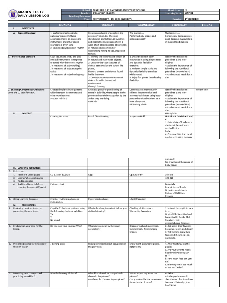 DLL - Mapeh 3 - Q1 - W7 | PDF