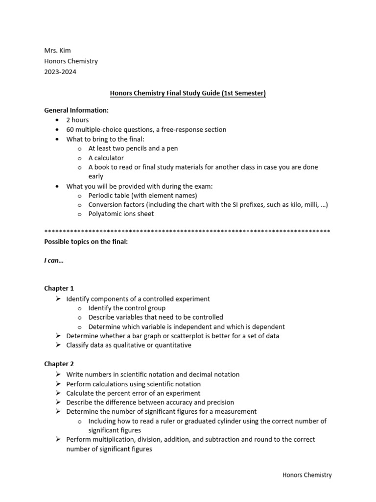 2023 Honors Chemistry Final Study Guide (1st Semester) | PDF