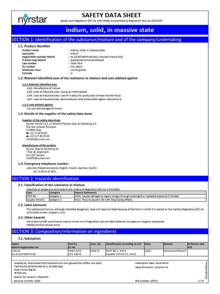 Indium - MSDS Nyrstar Aus | PDF