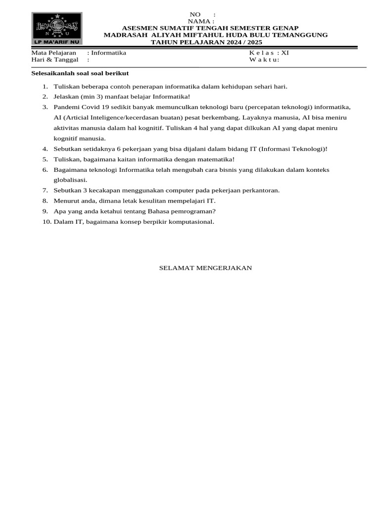 ASTS INFORMATIKA XI (Gasal 2425) | PDF