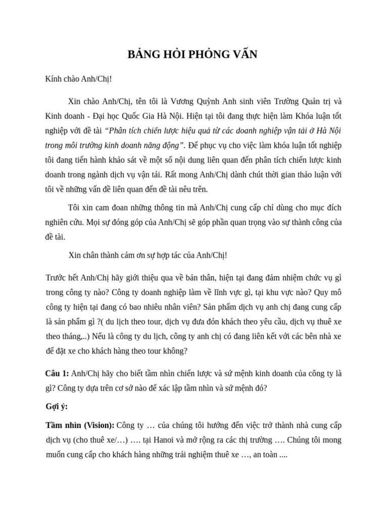 Bảng Hỏi Phỏng Vấn CLKD DNVT | PDF