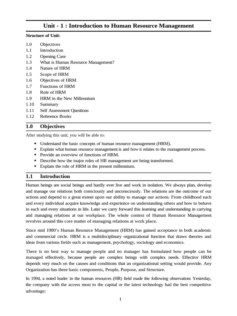 Unit - 1: Introduction To Human Resource Management: 1.0 Objectives | PDF