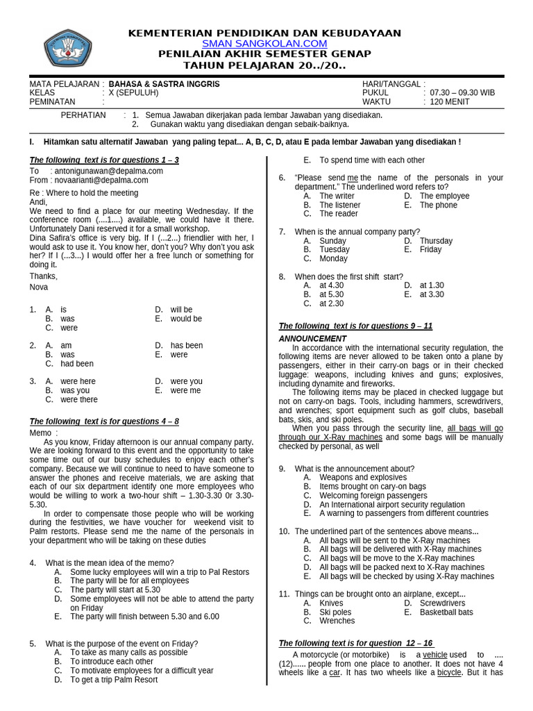Soal Pat B. Sastra Inggris Kelas X k13 Sman | PDF