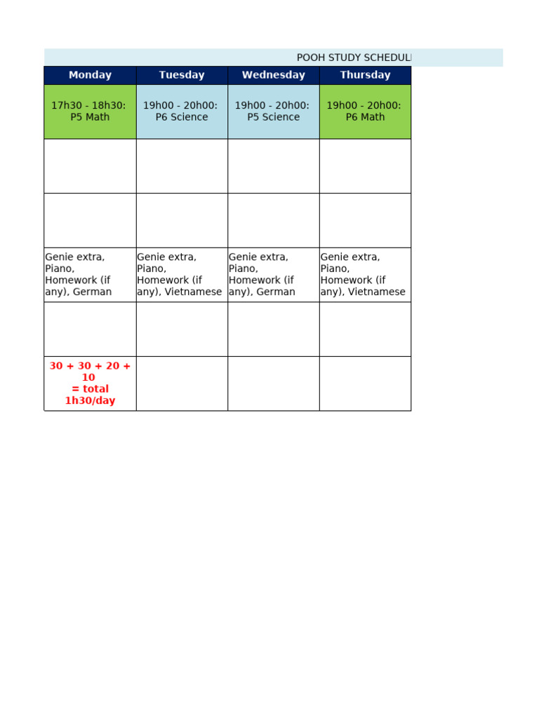 Pooh Study Schedule Grade 6 | PDF