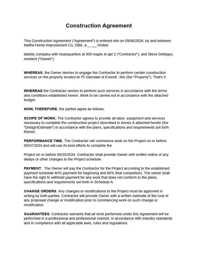 Construction Agreement | PDF