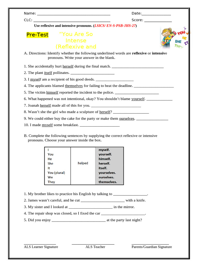 LS1 Eng. Worksheets-JHS (You Are So Intense (Reflexive and Intensive ...