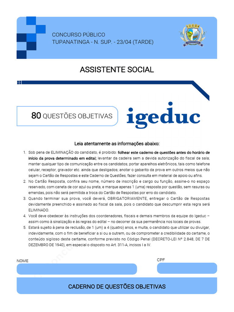 Instruções para Prova de Assistente Social | PDF | Família | Deficiência
