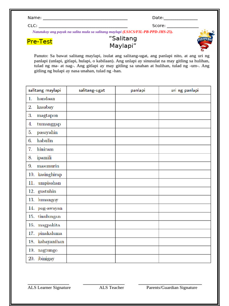 LS1 Fil. - Worksheets-Module 3 Lesson 2-Salitang Maylapi | PDF