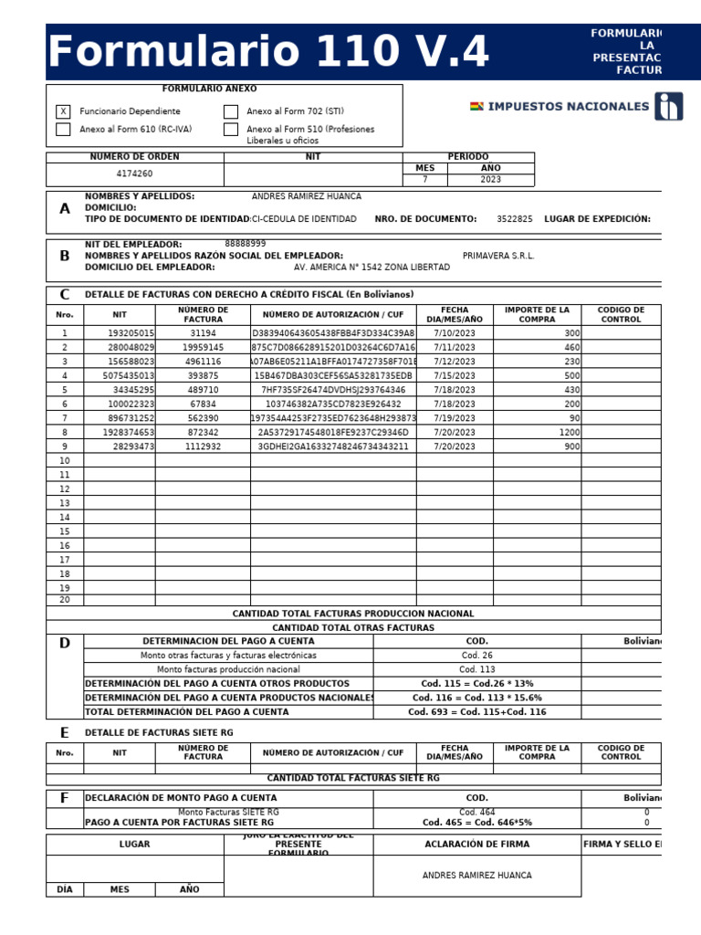 Form 110 y 610 Excel | PDF