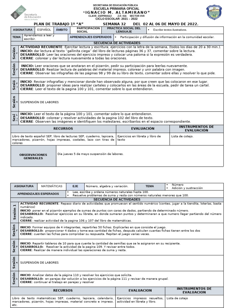 Plan 1º A SEMANA 32 | PDF