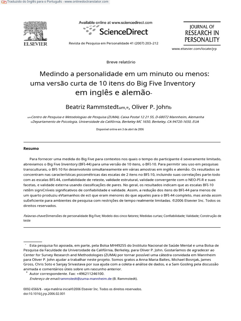 Big Five Inventory - Medindo A Personalidade em Um Minuto Ou Menos | PDF