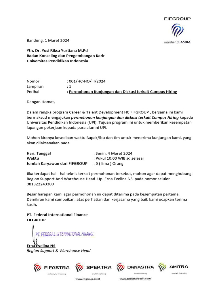 Surat Permohonan Kunjungan Ke Kampus UPI - Fix | PDF