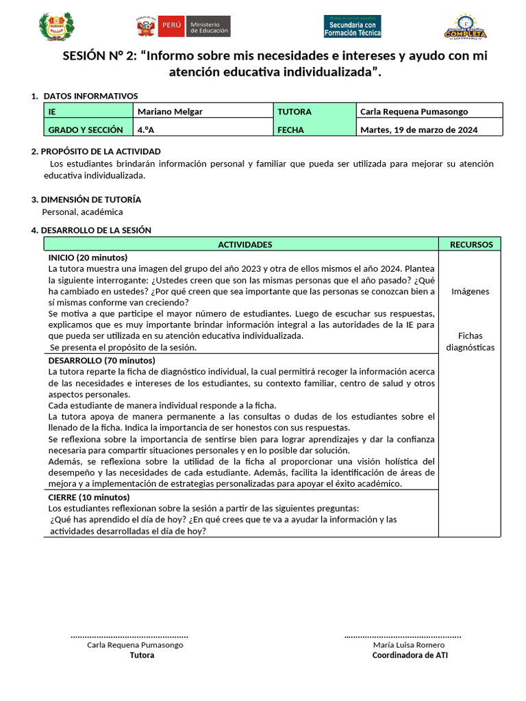 SESION 2 Tutoría 4.°A - 2024 - Ficha Personal | PDF | Crecimiento personal y profesional ...
