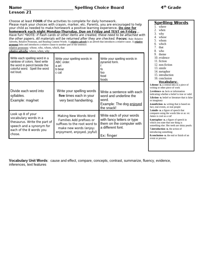 Name - Spelling Choice Board 4 Grade Lesson 21 Spelling Words | PDF