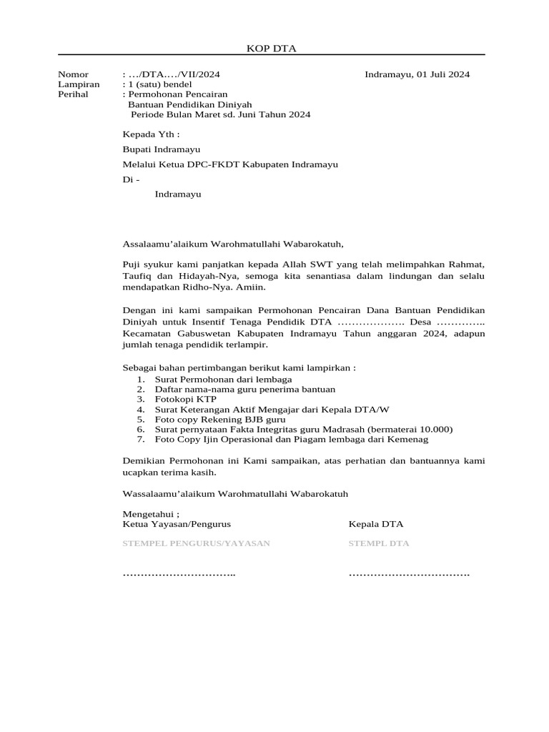 Contoh Surat Permohonan Dan Pakta Integritas - Tahap 2.docx Dta | PDF