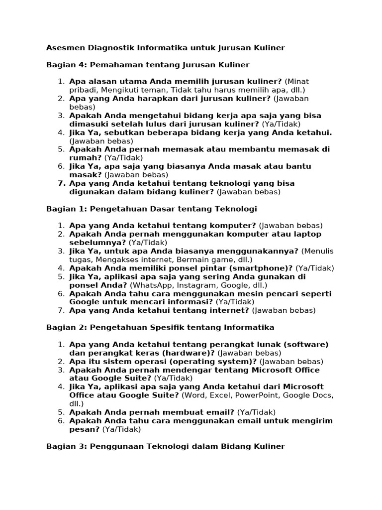 Asesmen Diagnostik Informatika Untuk Jurusan Kuliner | PDF