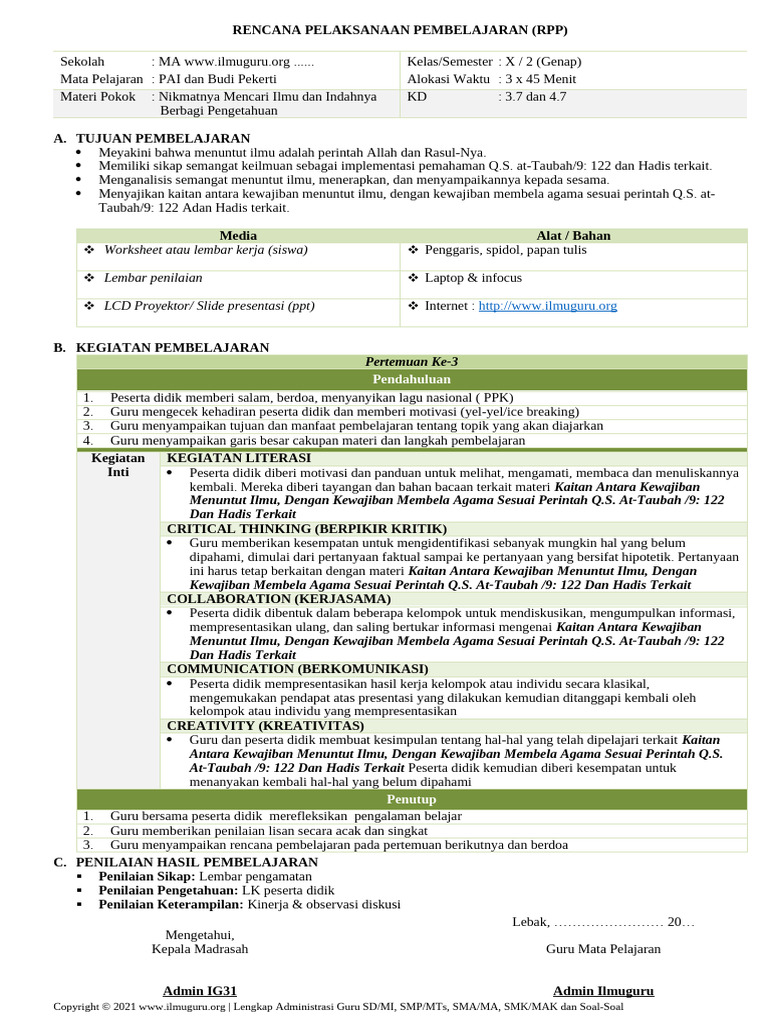 7.3 RPP II PAI Kelas 10 | PDF