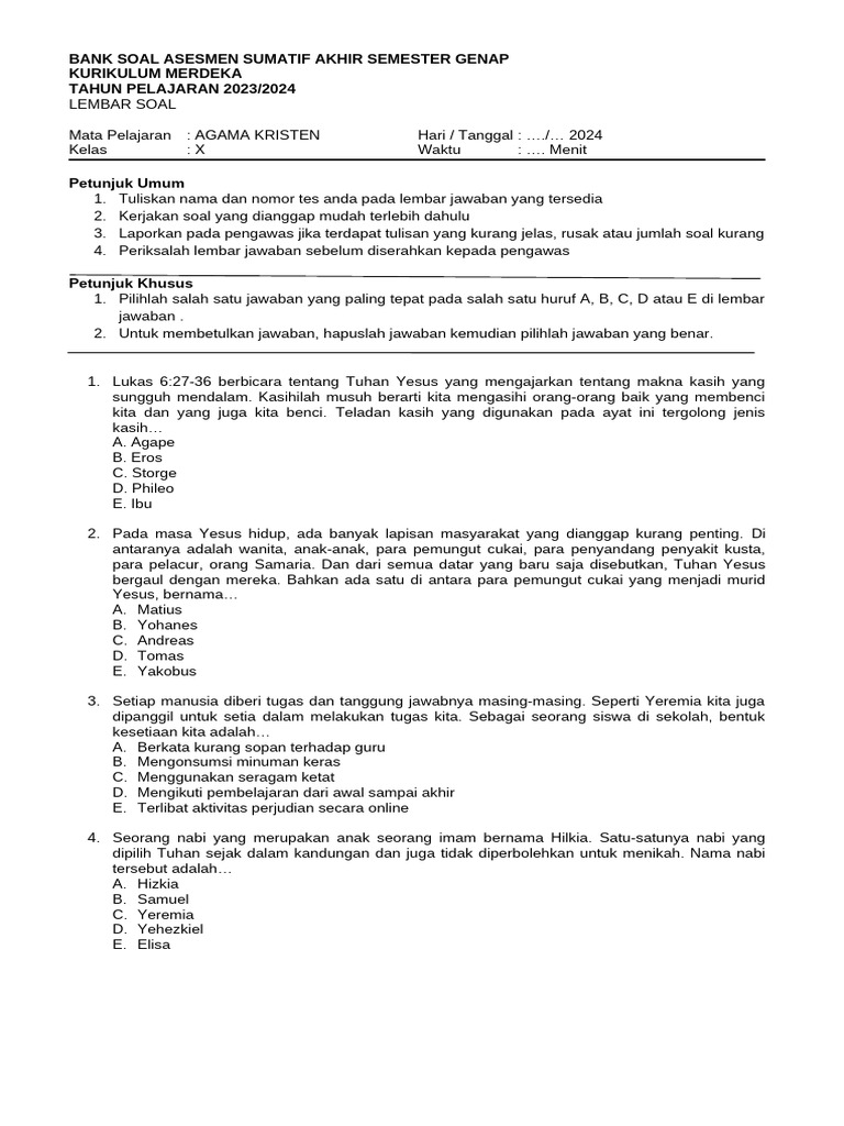 Soal - PAKris - ASAS Genap 2024 - Kls X - Kurmer | PDF