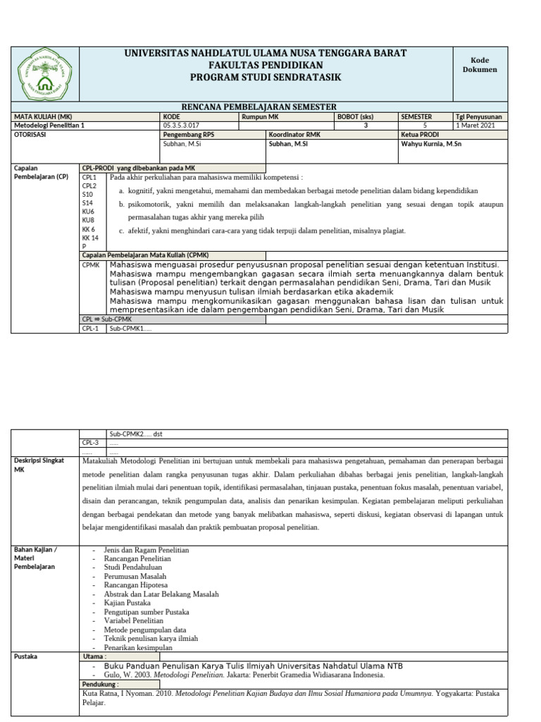 RPS METODE PENELITIAN 1 | PDF