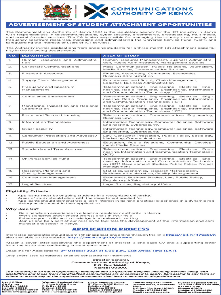 CA Kenya Student Attachment Opportunities | PDF | Communication