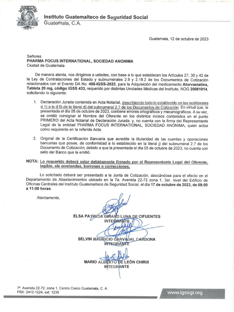 20081014@solicitud de Documentacion Complementaria Pharma Focus Internacional S.A. | PDF