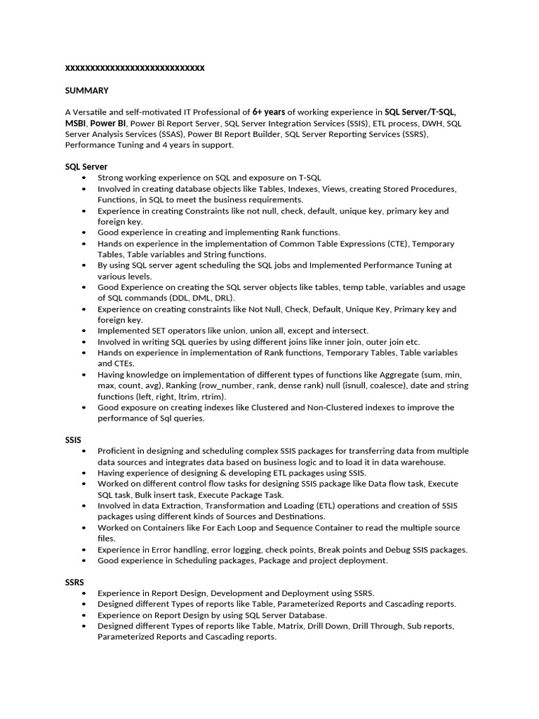 Sample Resume For Msbi Power Bi | PDF