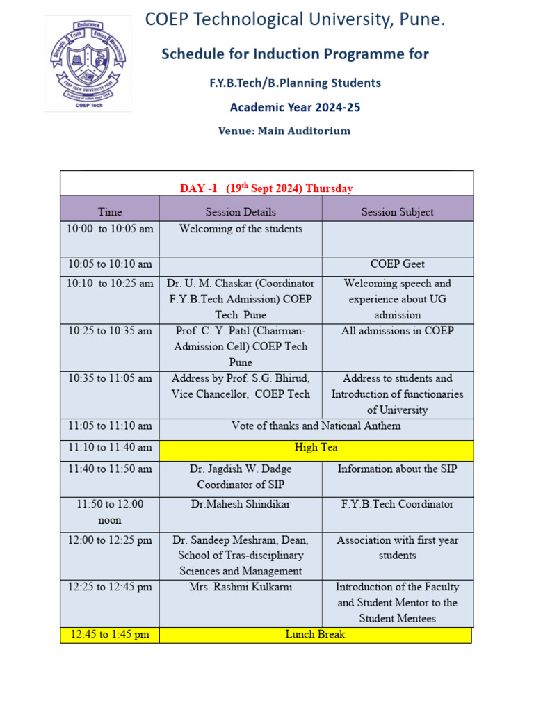 Schedule For F.Y.B.tech (19th Sept - 21st Sept) Student Induction ...