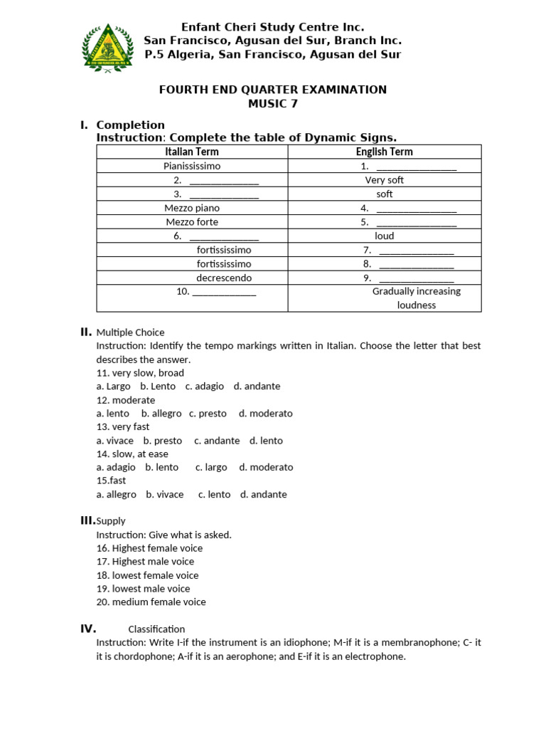 4th End Exam in MUSIC 7 | PDF