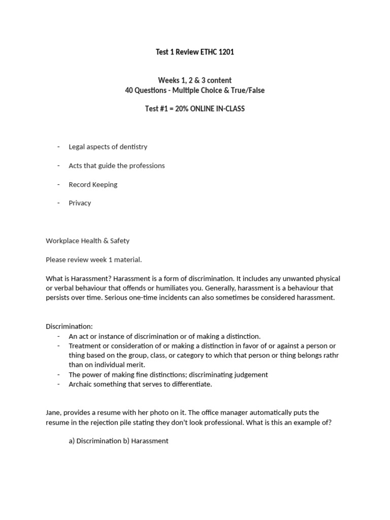 Test 1 Review Ethc 1201 - Jcws | PDF