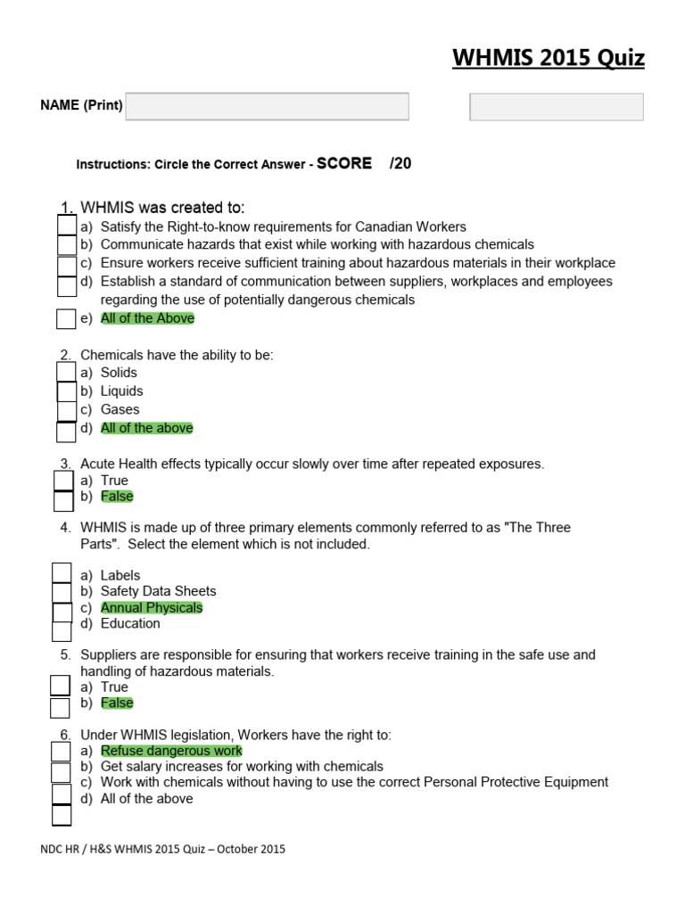 WHMIS Quiz - Fillable Copy-1 | PDF