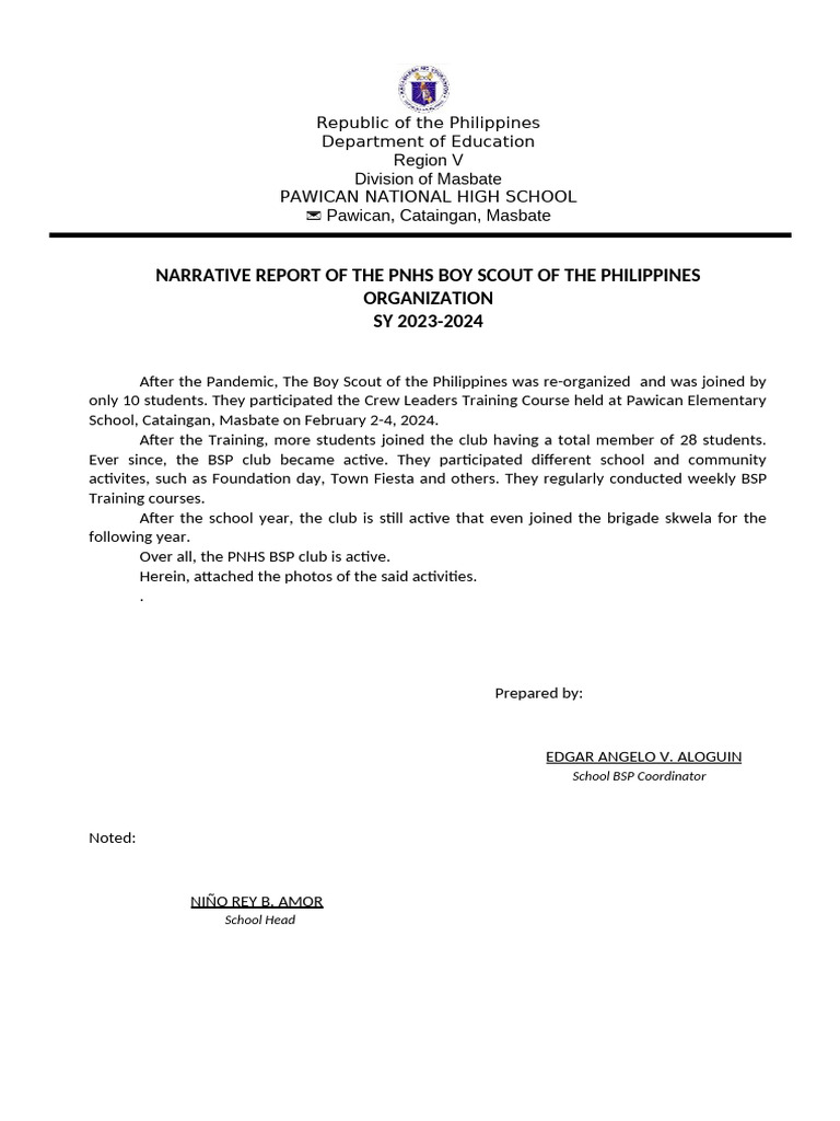 narrative report in BSP 2023-2024 | PDF