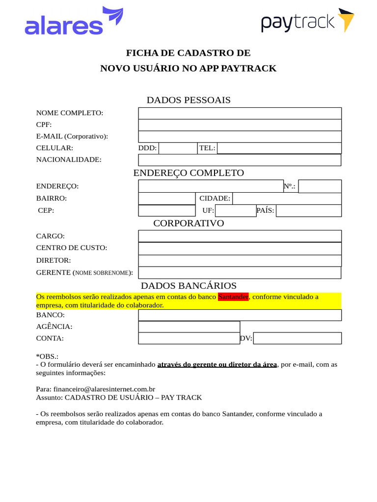 Formulário de Cadastro de Novo Usuário - PayTrack - Alares v.3 | PDF ...