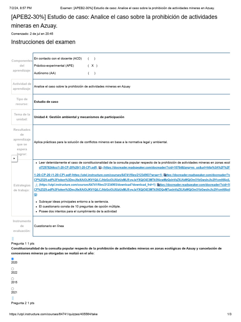Examen - (APEB2-30%) Estudio de Caso - Analice El Caso Sobre La Prohibición de Actividades ...