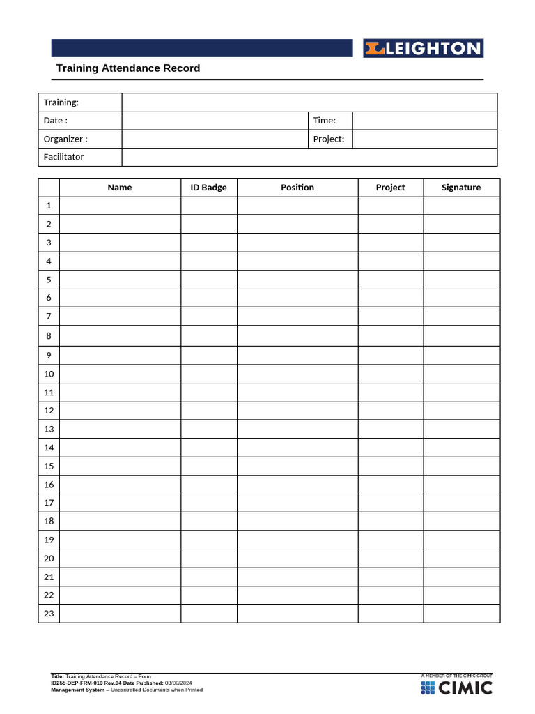 Training Attendance Record (new form) | PDF