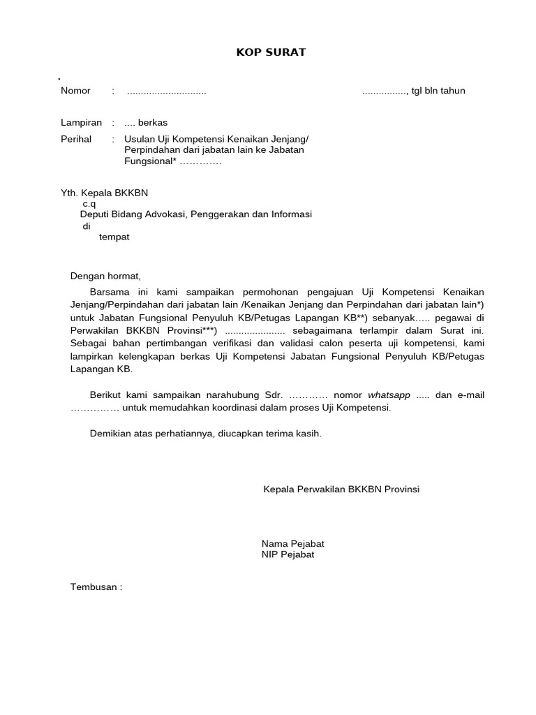 Contoh Format Surat Usulan Uji Kompetensi JF PKB - PLKB | PDF