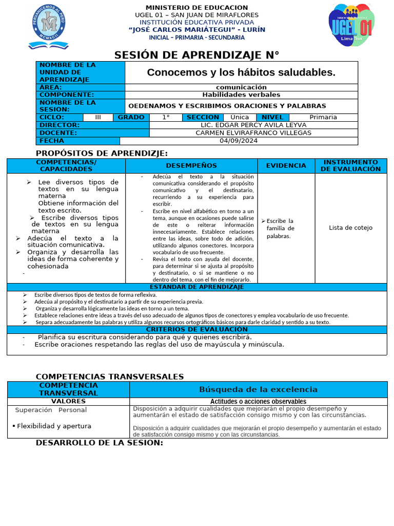 SESIÓN DE APRENDIZAJE DE Habilidades VERVALES ORDENAMOS PALABRAS Y ORACIONES 4 DE SEPTIEMBRE | PDF