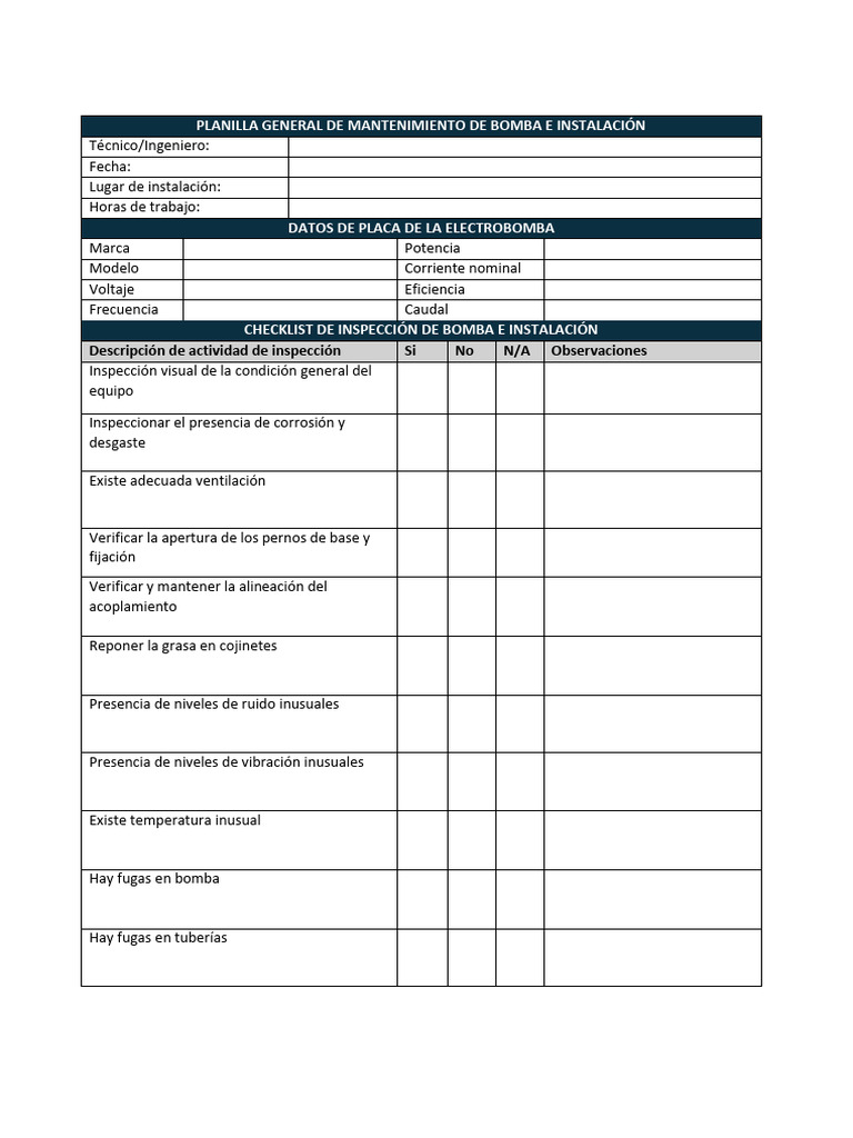 Checklist de Mantenimiento de Bombas | PDF