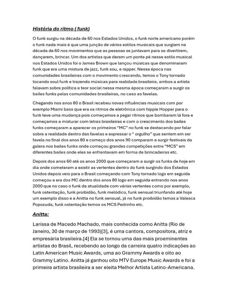 História Do Ritmo (Funk) | PDF