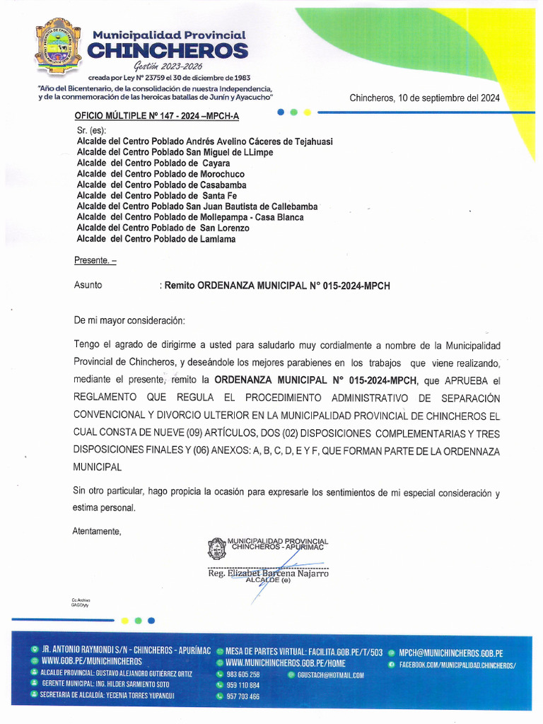 OFICIO MULTIPLE N 147-2024-MPCH-A C.P | PDF OFICIO MULTIPLE N 147-2024-MPCH-A C.P | PDF
