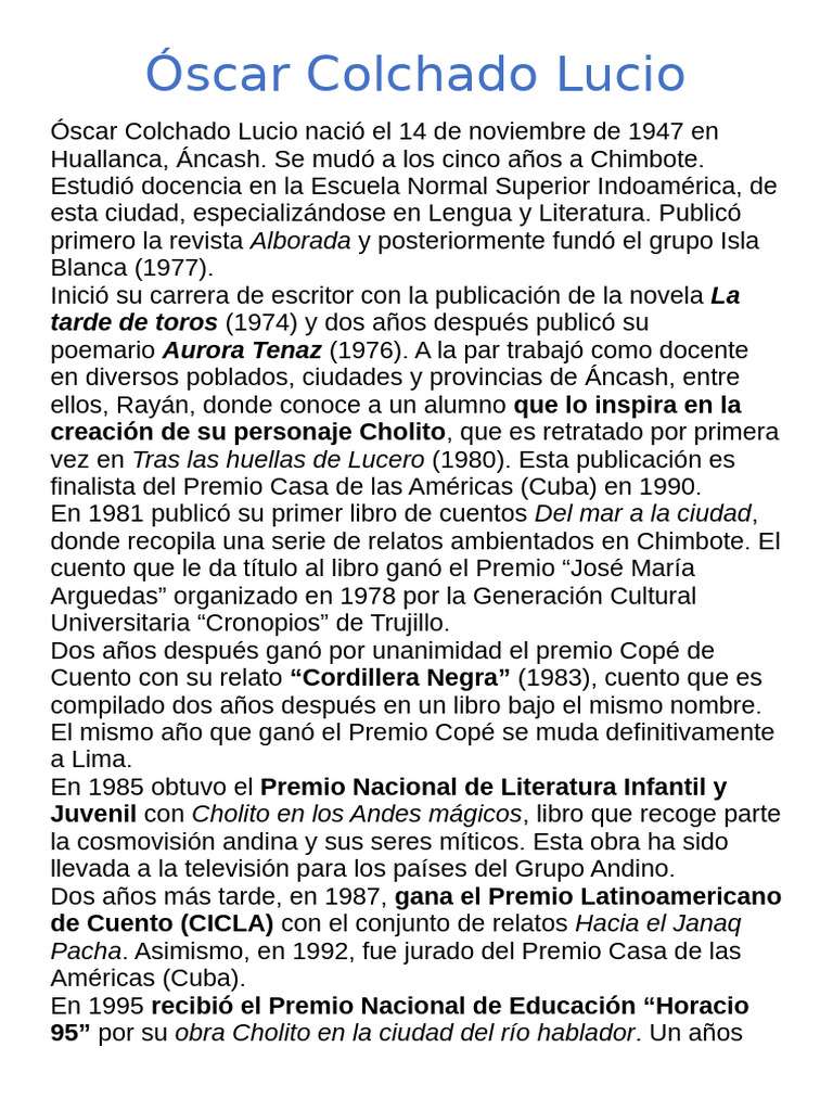 Óscar Colchado Lucio BIOGRAFIA | PDF