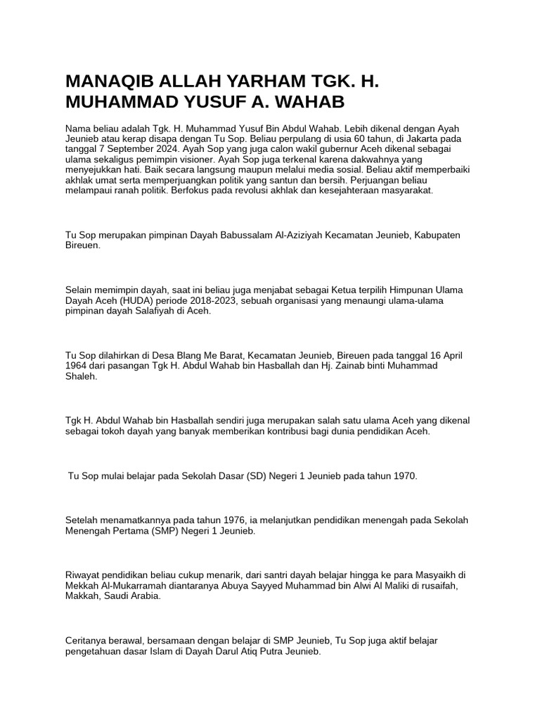 Manaqib Allah Yarham TGK Tu Sop | PDF