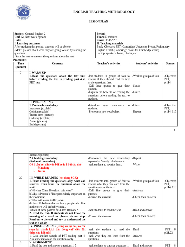 Lesson Plan - Objective-PET-Unit 17-Reading 2 | PDF | Cognition | Human ...