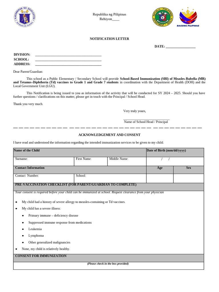 HPV and MR-Td Vaccine Consent Form | PDF | Vaccines | Medical Specialties