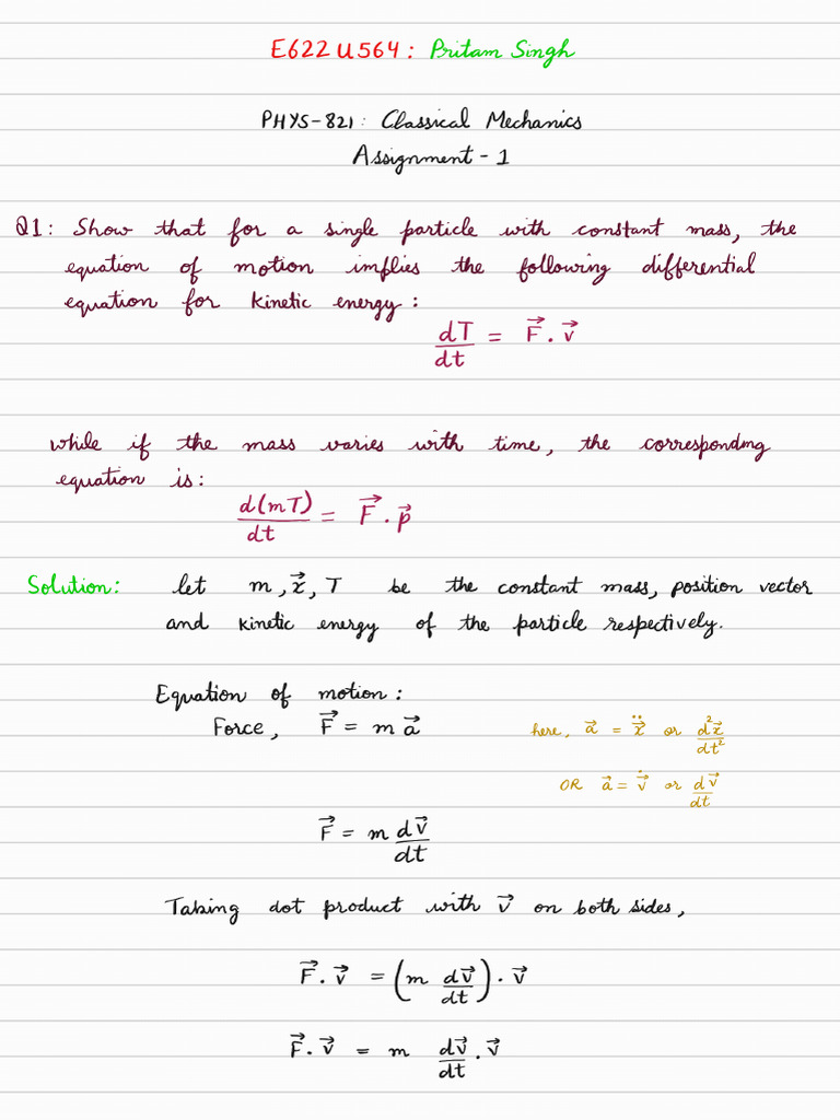 Classical Mechanics Assignment 1 | PDF