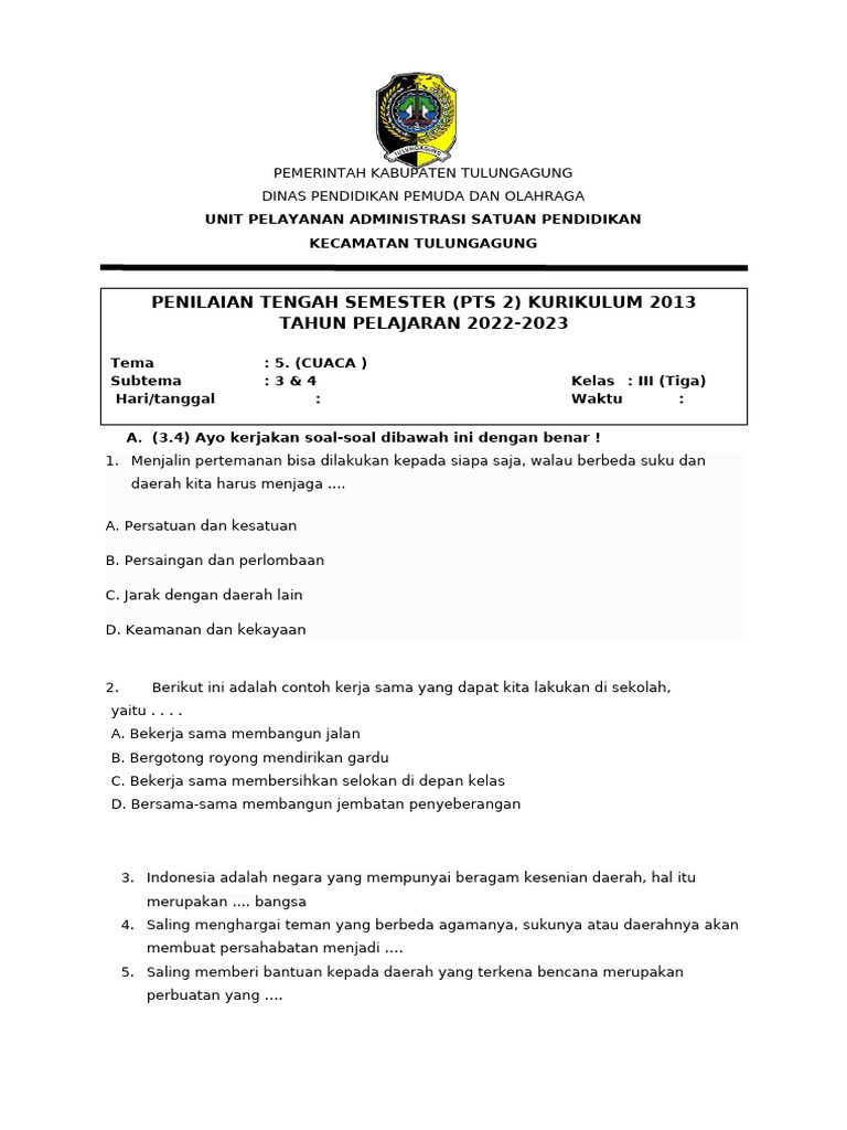 SOAL_PTS 2 TEMA 5 SB 3&4 KLS 3 2022-2023 | PDF
