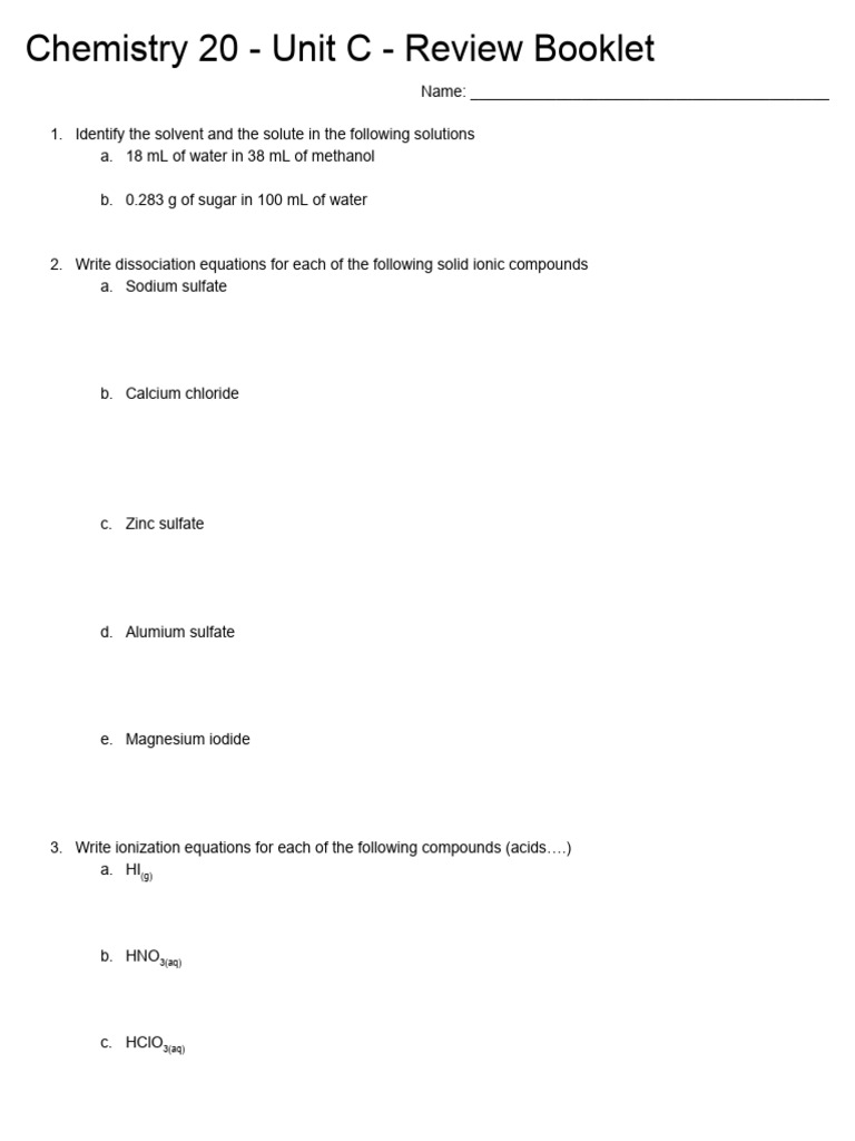Chemistry 20 - Unit C - Review Booklet | PDF