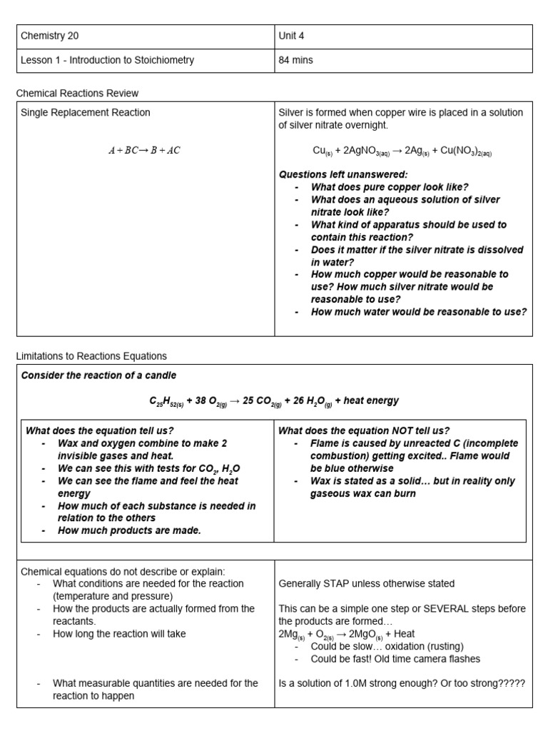 Chemistry 20 - Unit 4 - Lesson 1 - Introduction To Stoichiometry | PDF