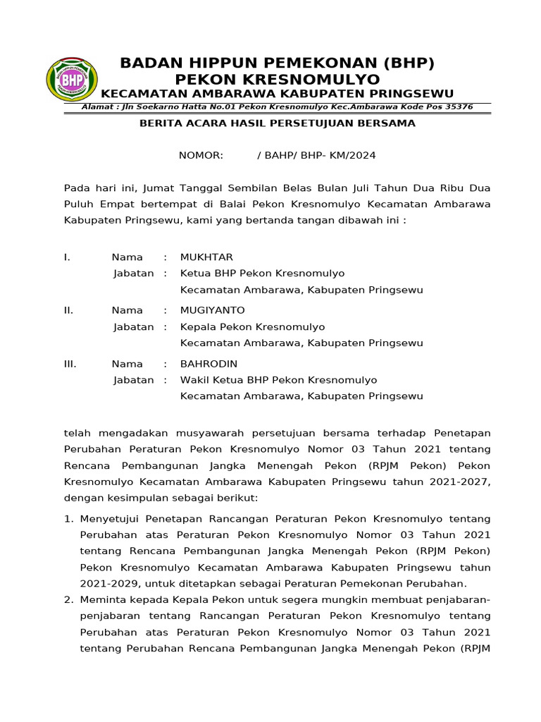 Berita Acara Perubahan RPJM | PDF